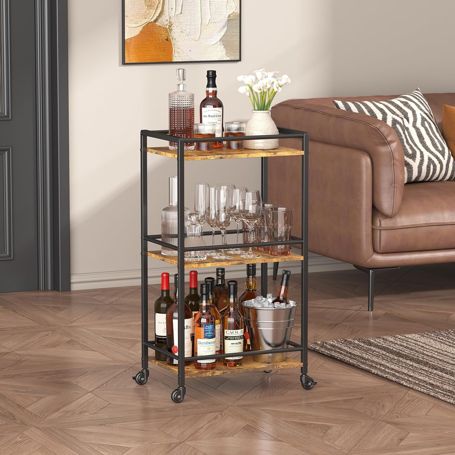 3 Tier Rolling Wine Cart, Mini Liquor Utility Cart with Lockable Wheels ...