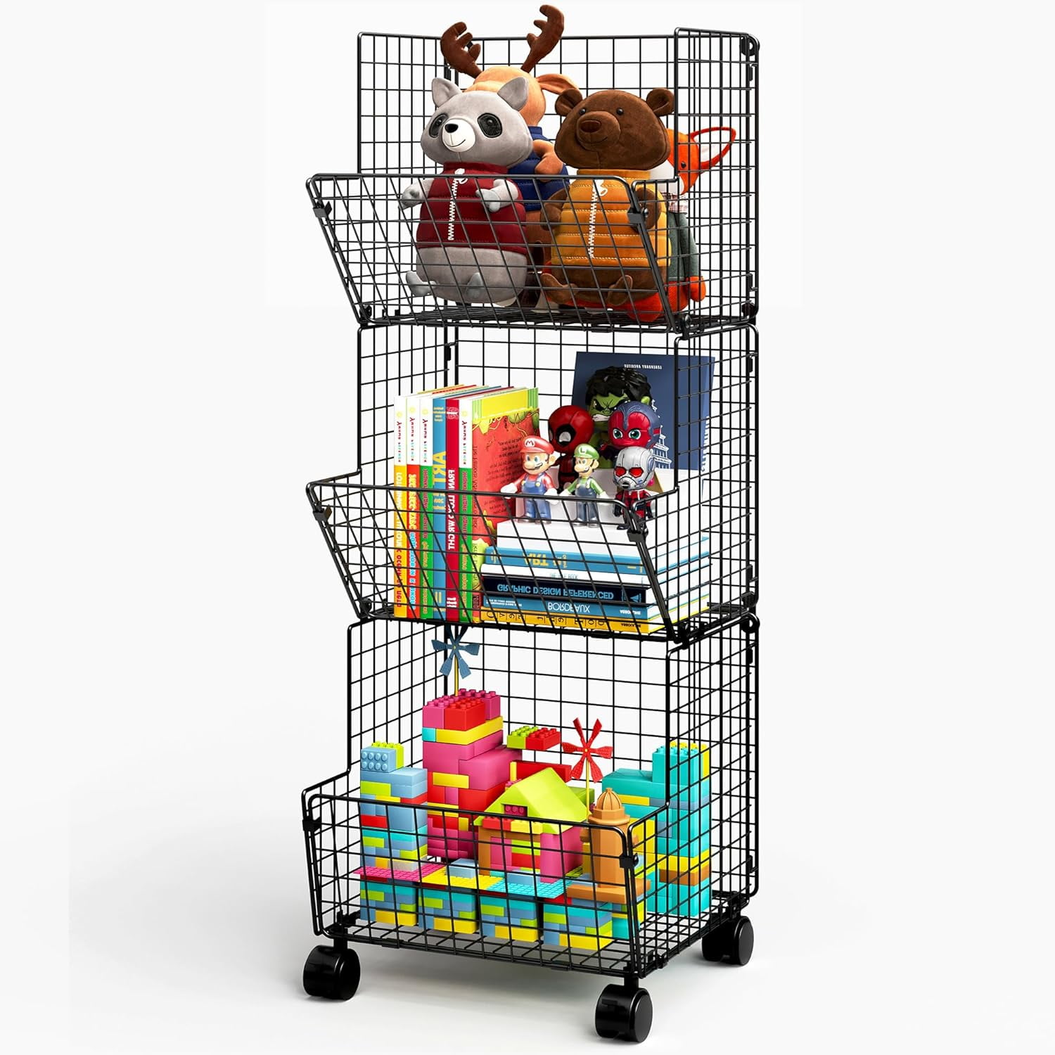3 Tier Rolling Wire Toy Organizer Basket - with Wheel, S-Hooks ...