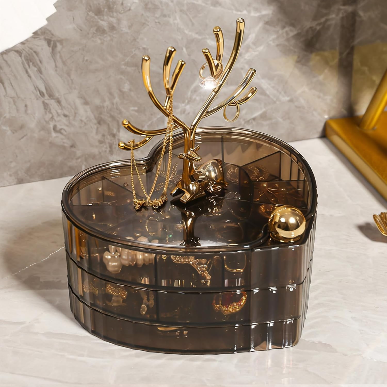 ,3 Tier Rotatable Heart Storage Box for Necklace Ring Earring Watch ...