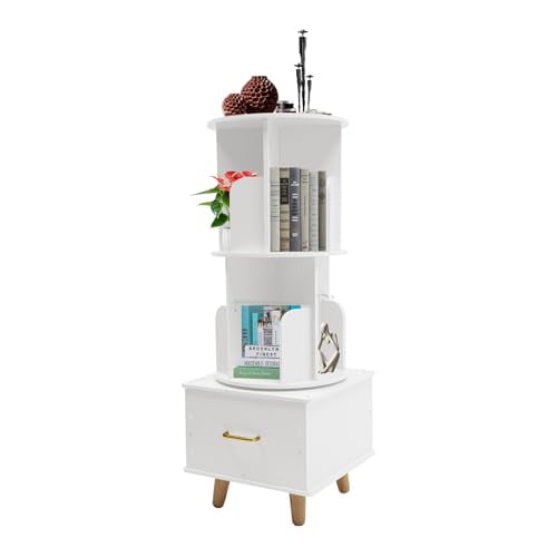 3-Tier Rotating Book Shelf with Drawer, Round Spinning Bookshelf Tower ...