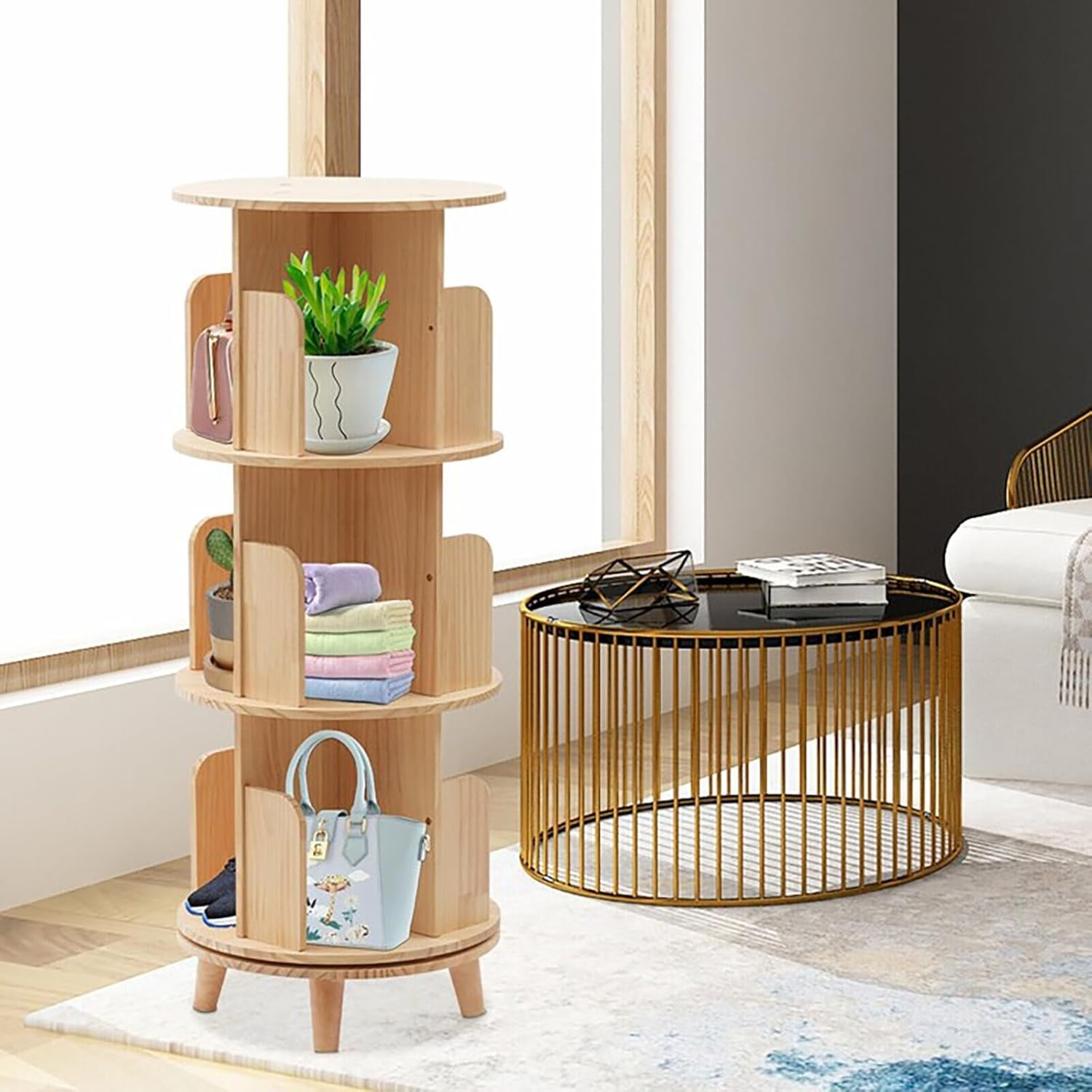 3 Tier Rotating Bookshelf 360° Spinning Bookshelf, Solid Wood Revolving ...