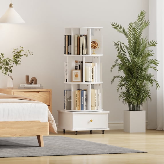 3 Tier Rotating Bookshelf with Drawers On Wheel,360° Display Spinning ...