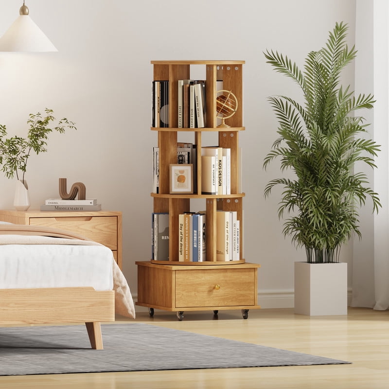 3 Tier Rotating Bookshelf with Drawers On Wheel,360° Display Spinning ...