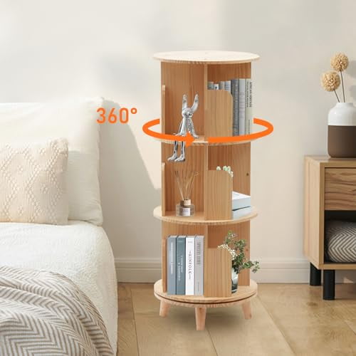 3-Tier Rotating Bookshelf, Pine Wood Cylindrical Bookshelf Organizer ...
