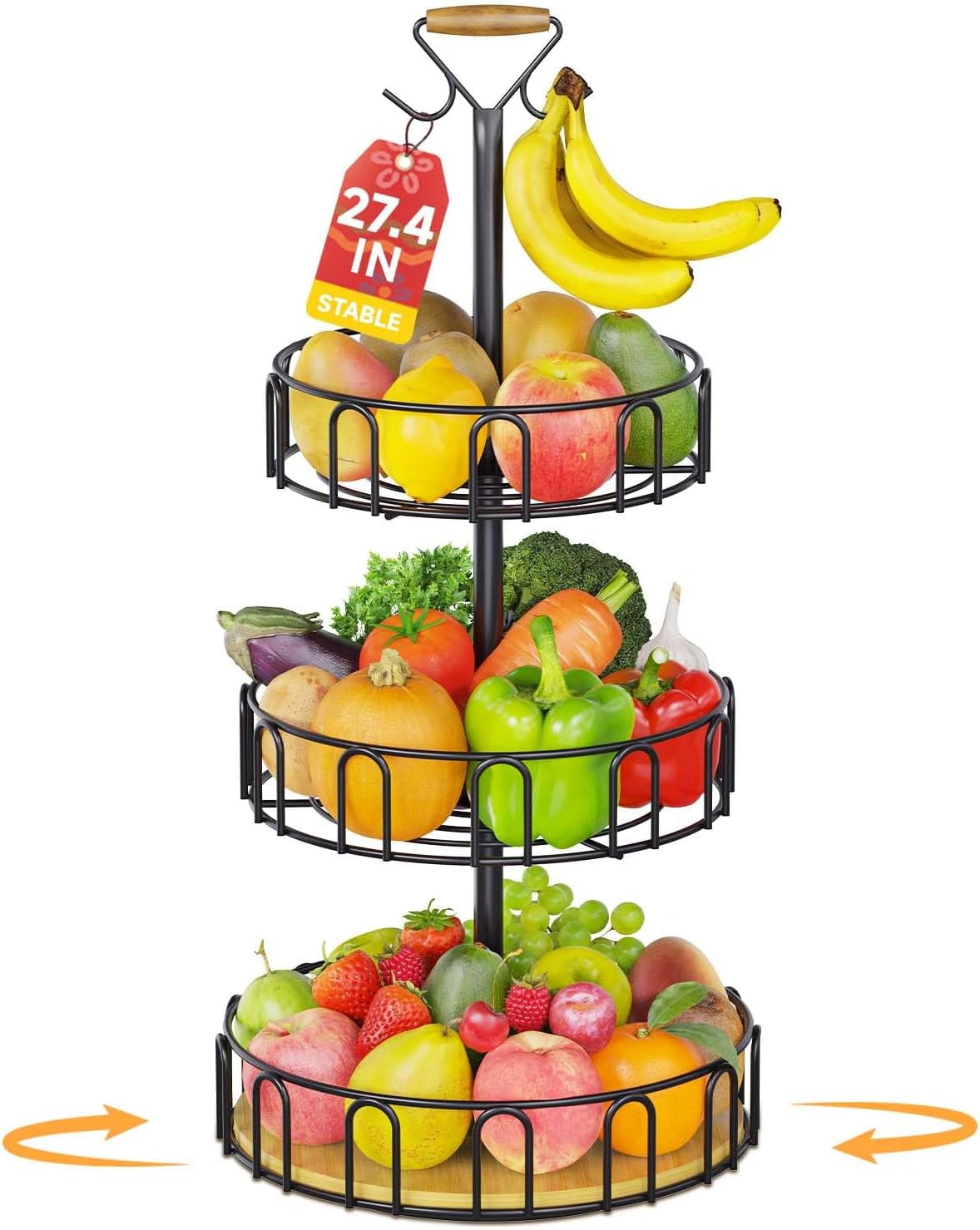 3 Tier Rotating Fruit Basket Bowl with 2 Hangers for Kitchen Counter ...