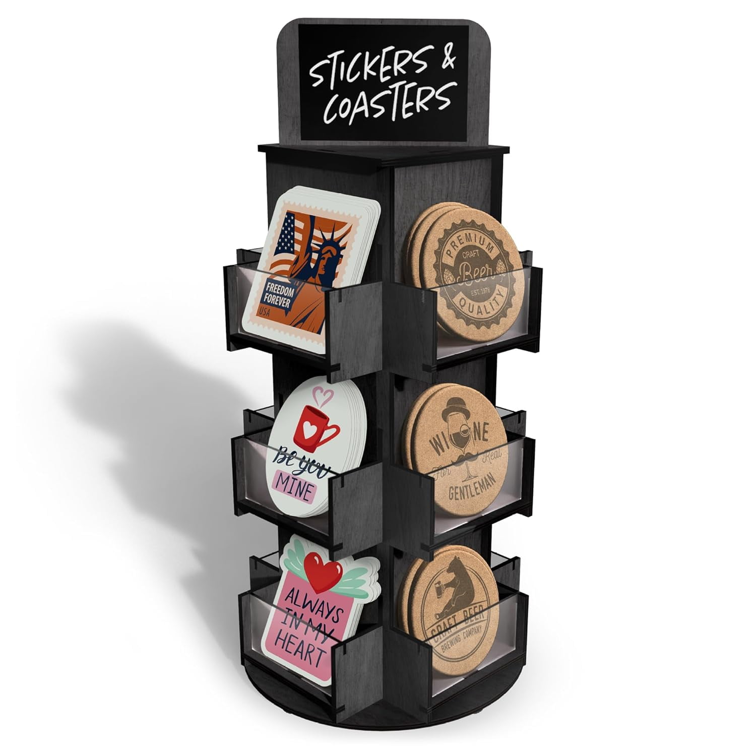 3 Tier Rotating Sticker Display Stand for Vendors, Black Wooden ...