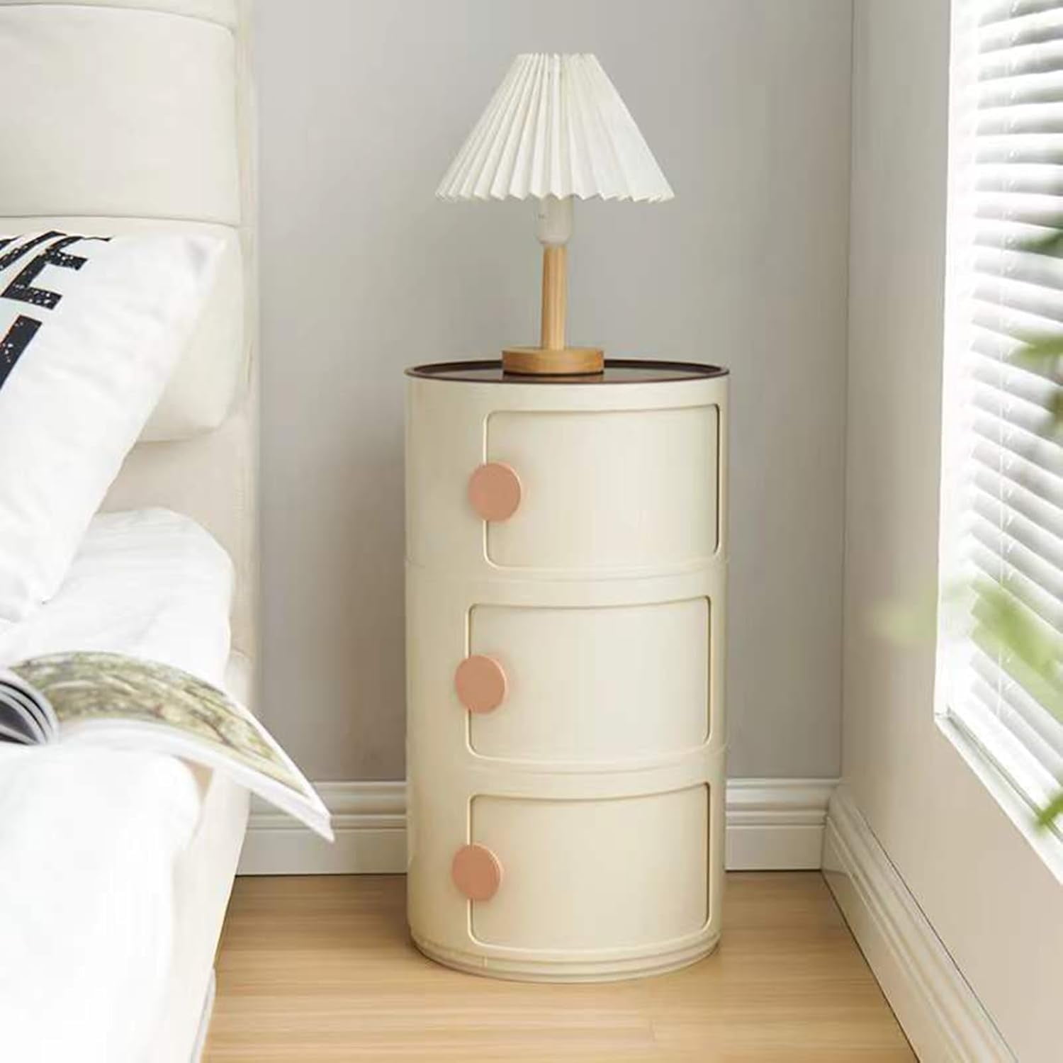 3-Tier Round Bedside Cabinet,Nightstand with Sliding Doors,Bedside ...