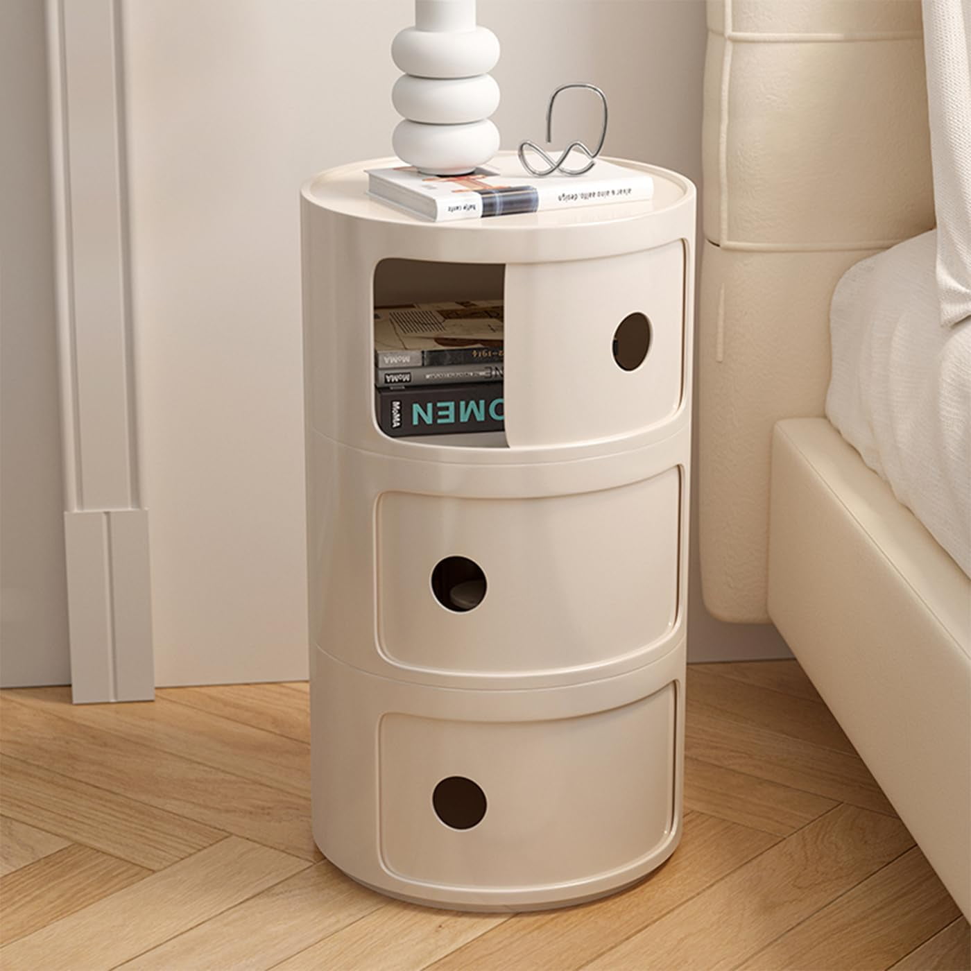 3 Tier Round Bedside Table with Cabinets, Plastic Round Nightstand with ...