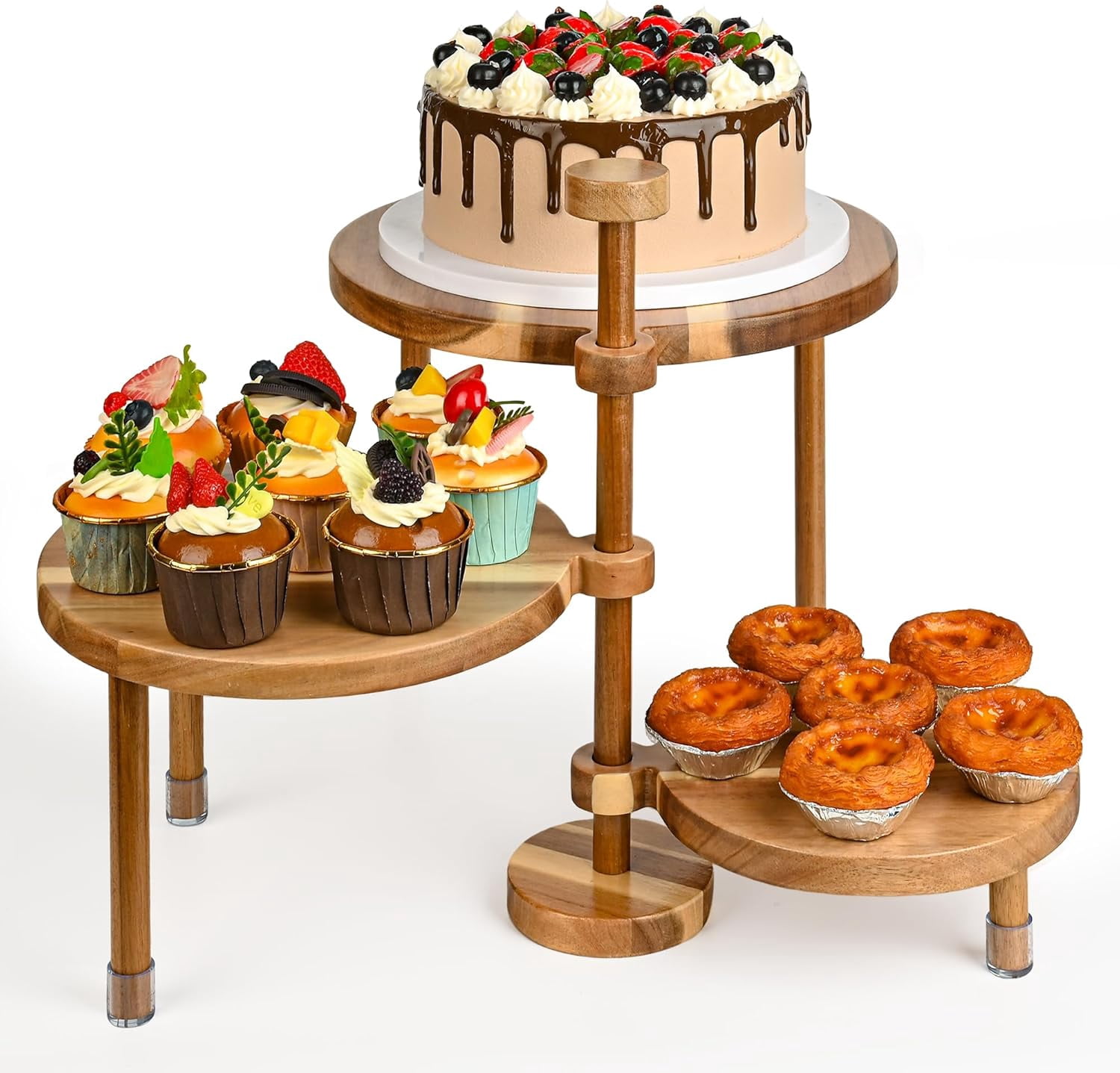 3 Tier Round Cupcake Stand, 360° Rotatable Acacia Wood Cake Stand ...