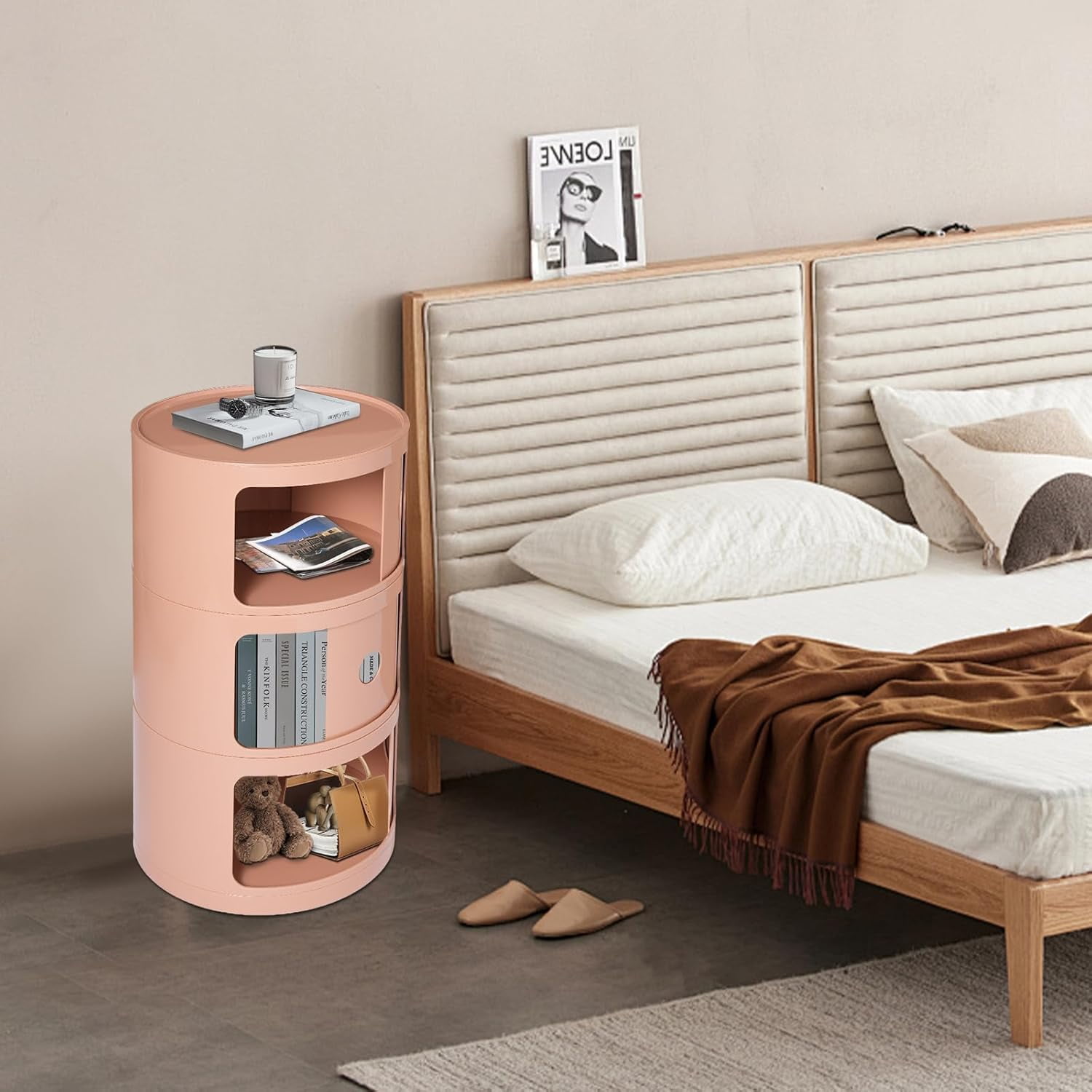 3 Tier Round Nightstand with 3 Storage Drawers, Pink Bedside Table Side ...