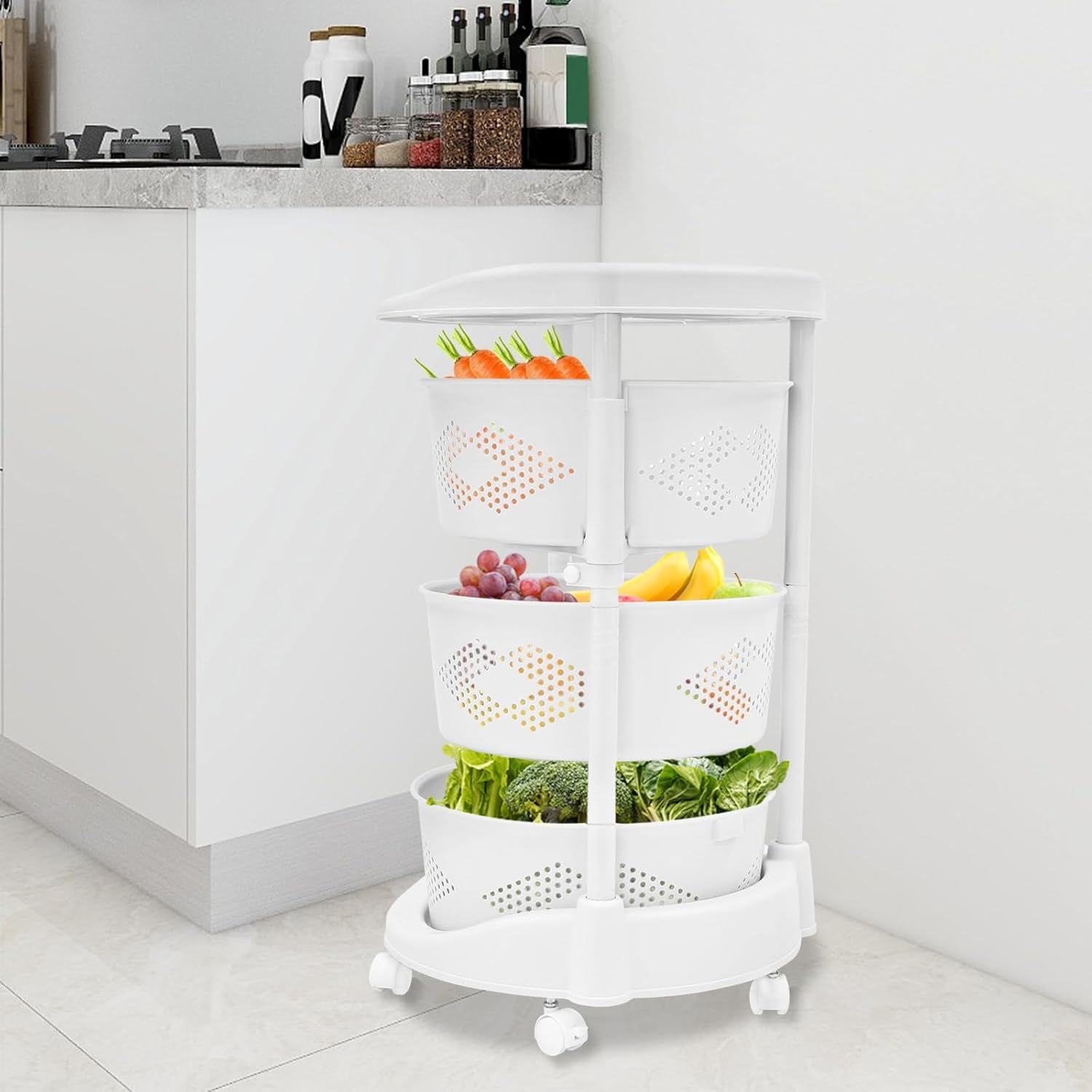 3 Tier Round Rotating Storage Rack, White Kitchen Storage Basket Cart ...