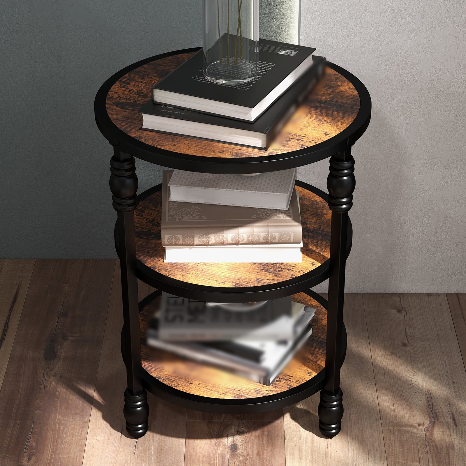 3-Tier Round Side Table, End Table with 3 Storage Shelves, Nightstand ...