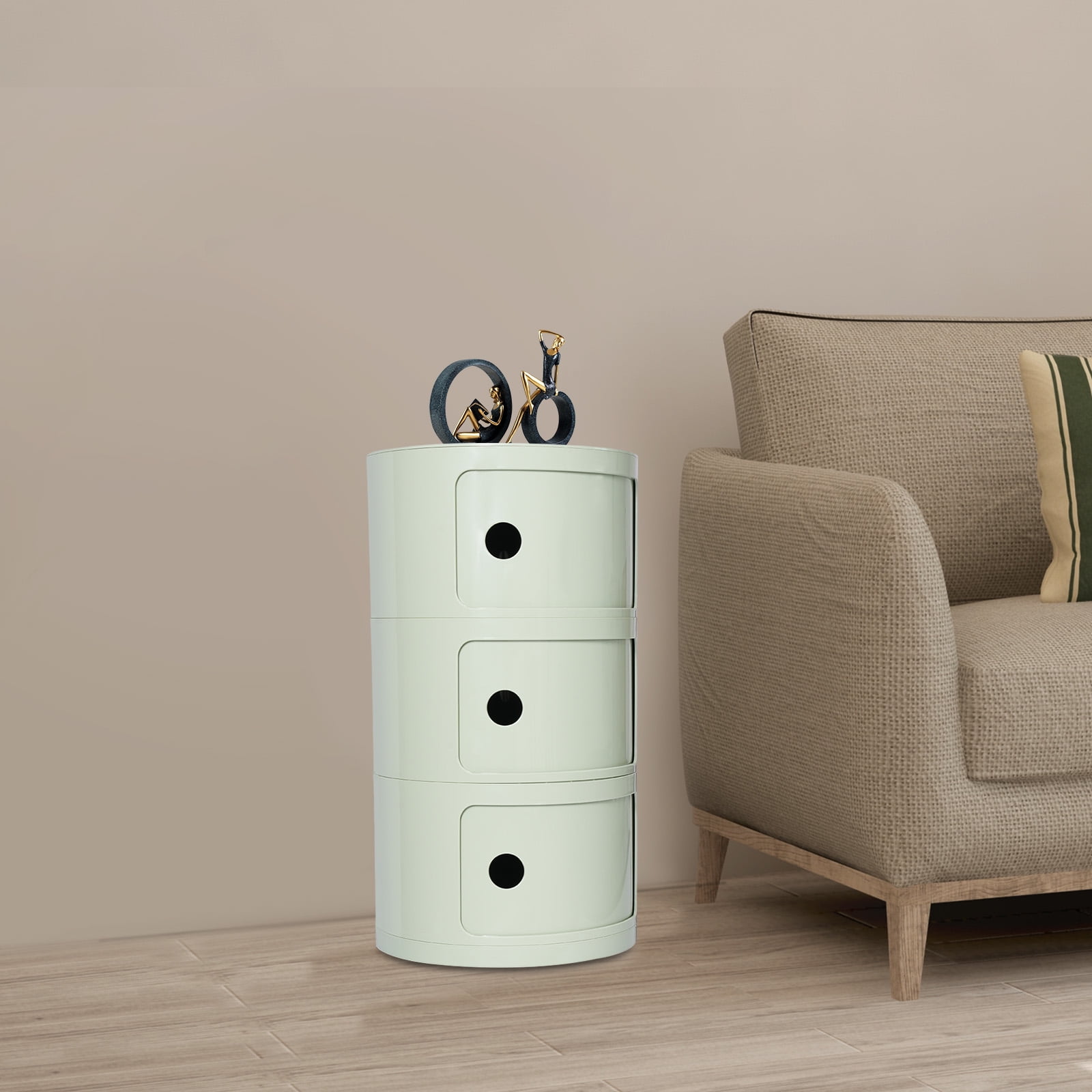 3-Tier Round Storage Cabinet with Sliding Doors, ABS Construction ...