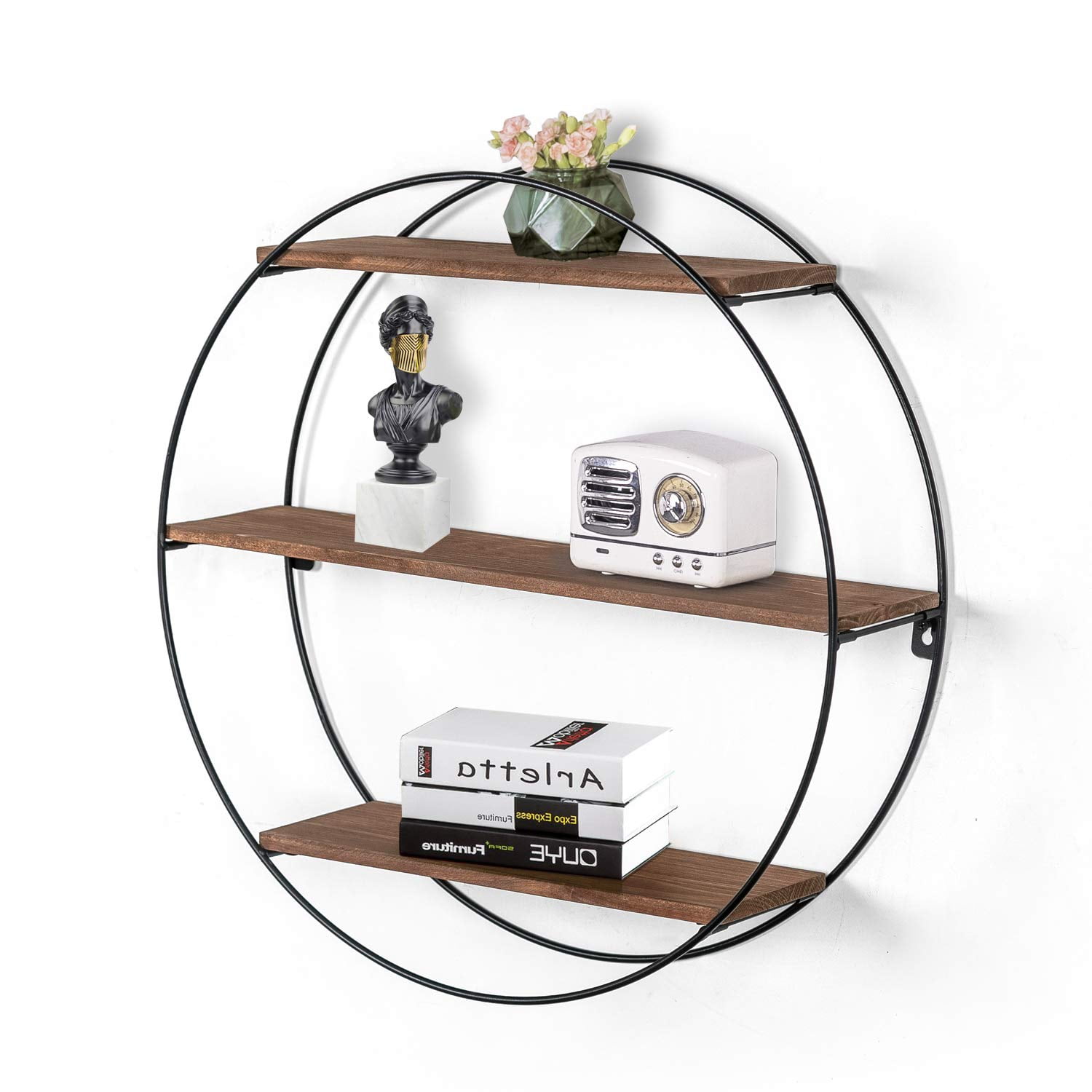 3 Tier Round Wall Shelf Set Metal and Wood, Decorative Circle Shelves ...