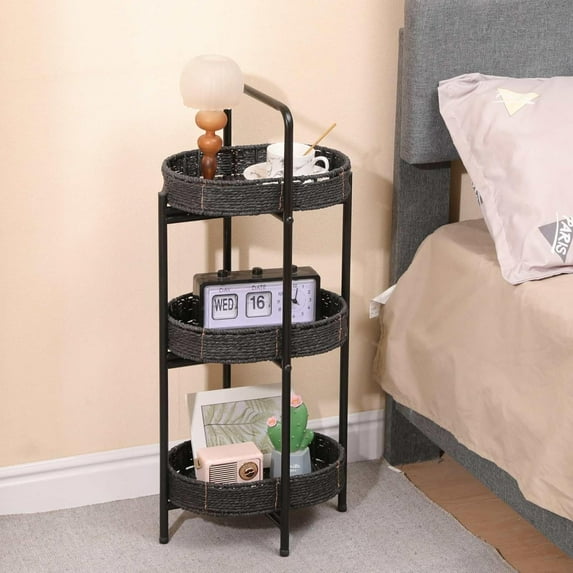 3-Tier Round Woven Storage Basket Stand with Metal Frame - Black ...