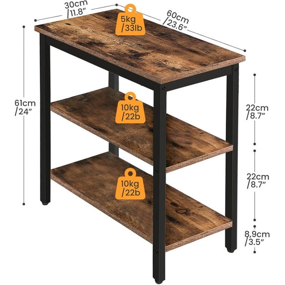 3-Tier Rustic Side Table, End Table with Storage Shelf — Compact ...