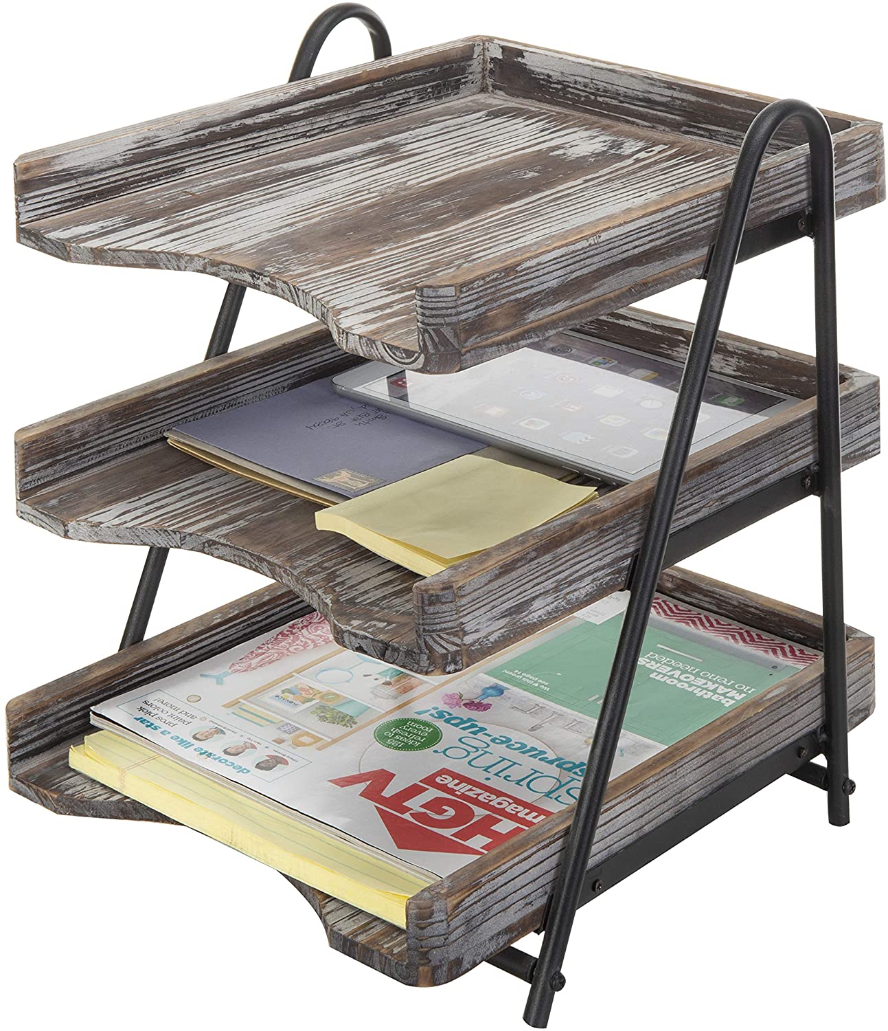 3 Tier Rustic Torched Wood Letter Tray Desktop Organizer with Black ...