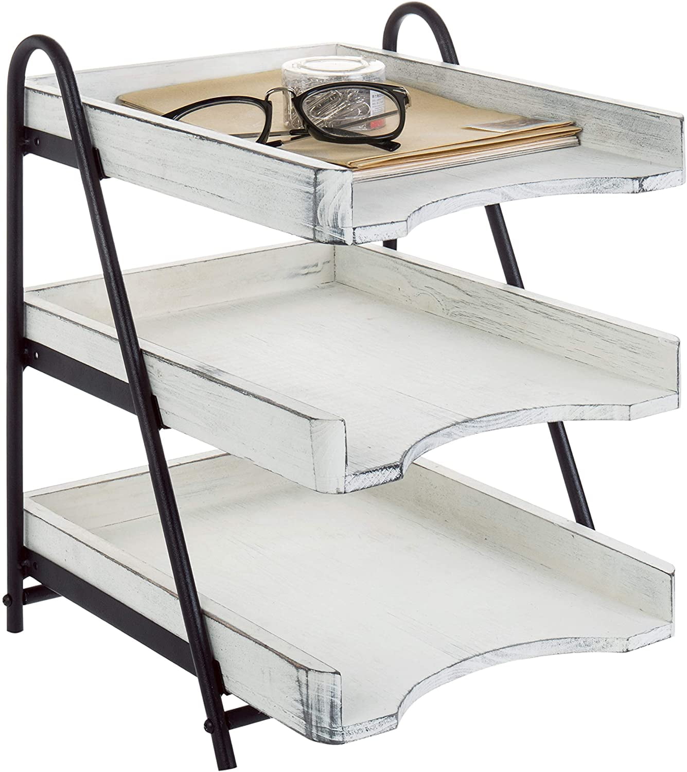 3 Tier Rustic Torched Wood Letter Tray Desktop Organizer with Black ...