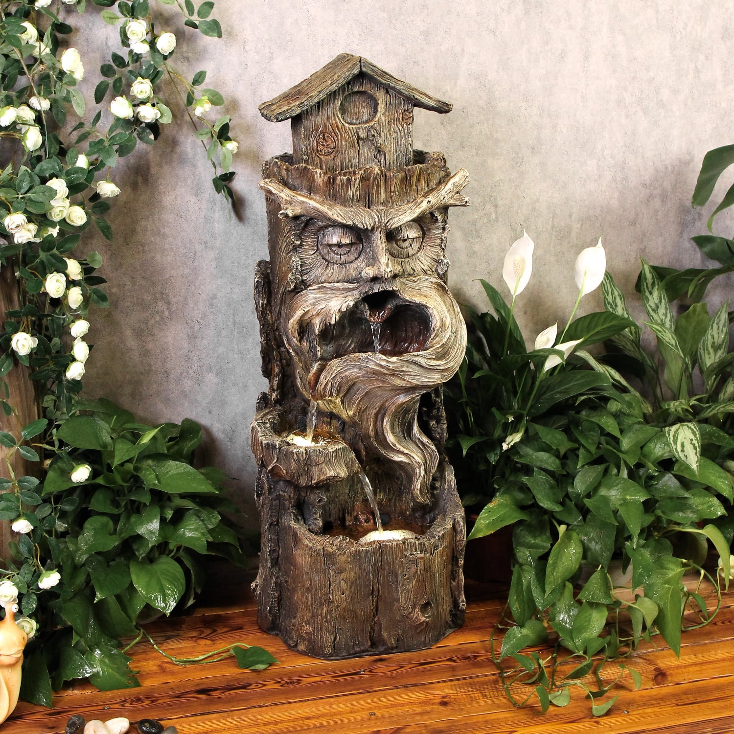 3-Tier Rustic Tree Trunk Water Fountain with LED Lights for Outdoor ...