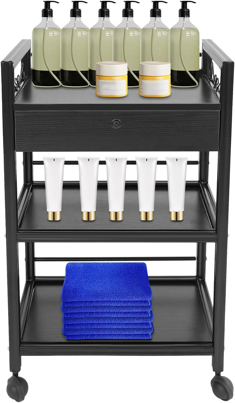 3-Tier Salon Trolley Cart, Wooden Mobile Utility Cabinet Lab Carts with ...