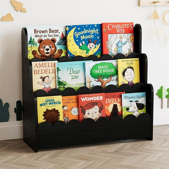 3-Tier Scalloped Bookshelf, Montessori Bookcase for Toddlers, Wooden ...