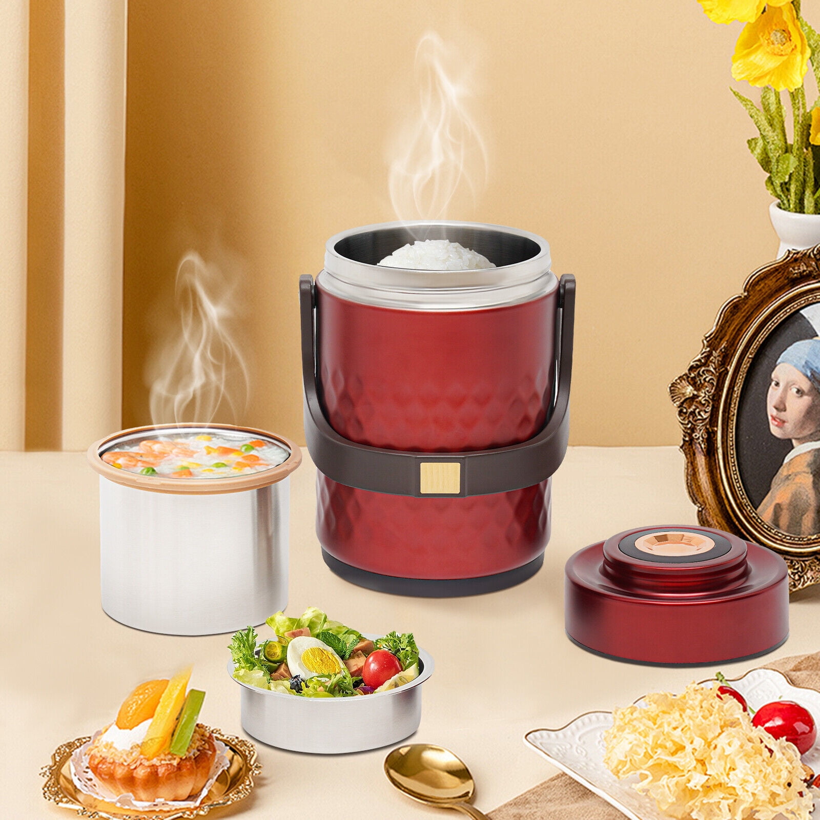 3-Tier Sealed Stackable Food Thermos Insulated Lunch Box Red Thermal ...