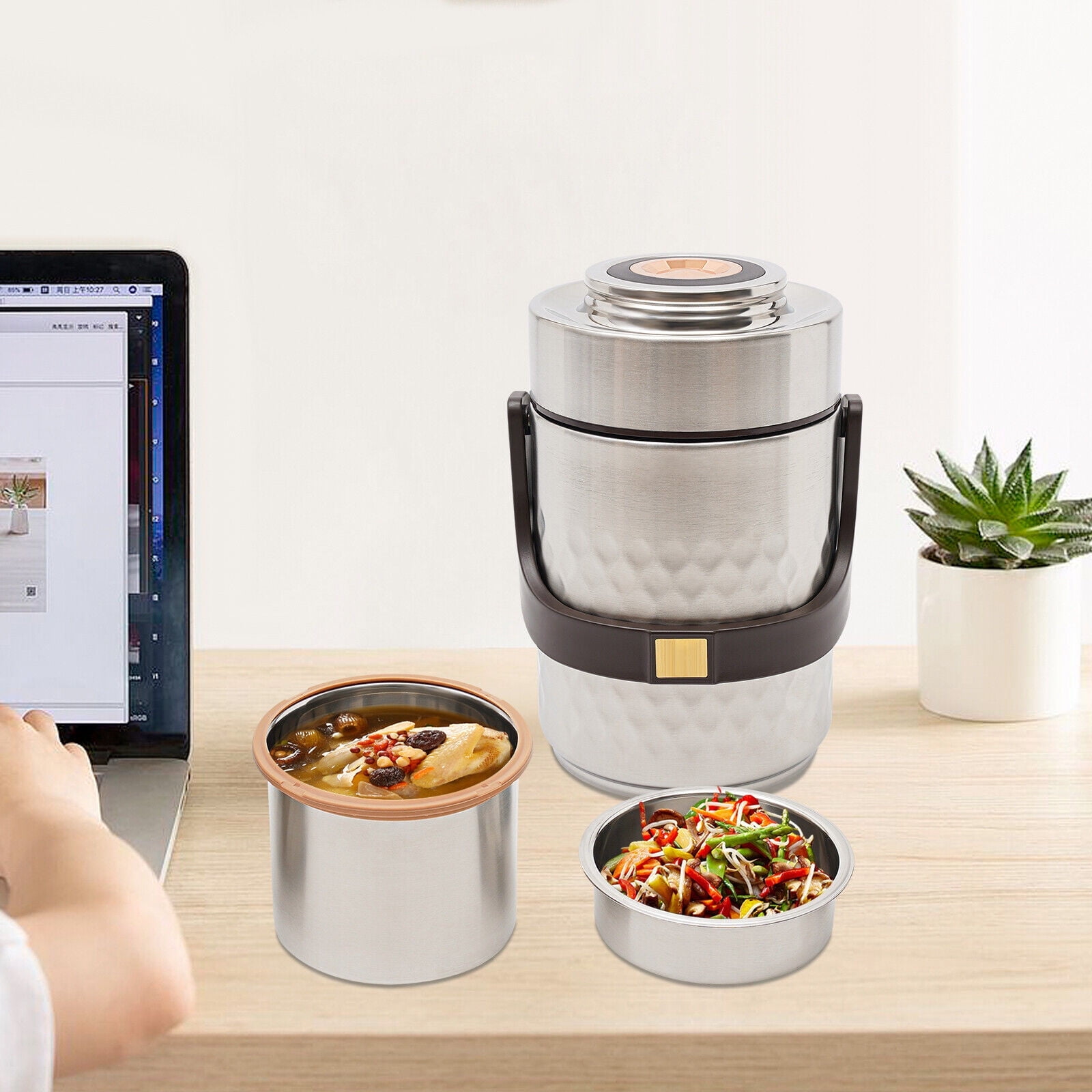 3-Tier Sealed Stackable Food Thermos Silver Insulated Thermal Lunch Box ...