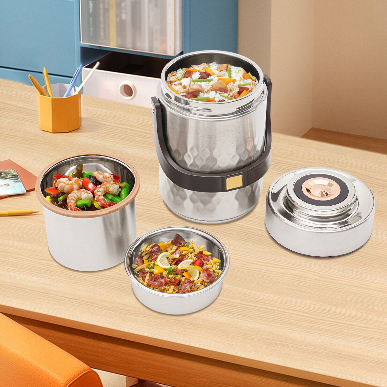 3-Tier Sealed Stackable Food Thermos Silver Insulated Thermal Lunch Box ...