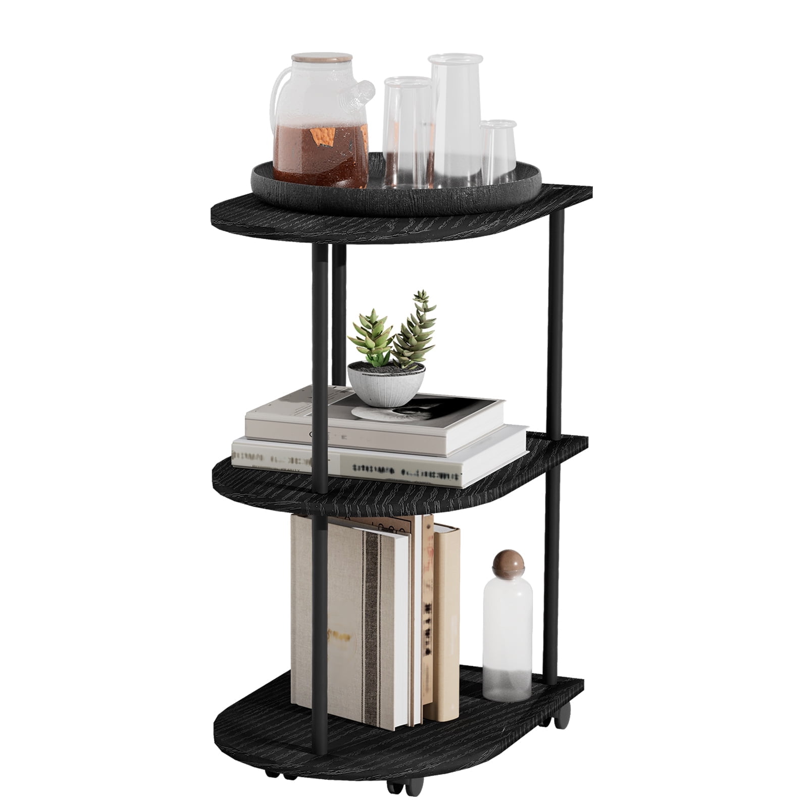 3-Tier Semi-Circular Rolling Side Table - Black Mobile Storage Cart for ...