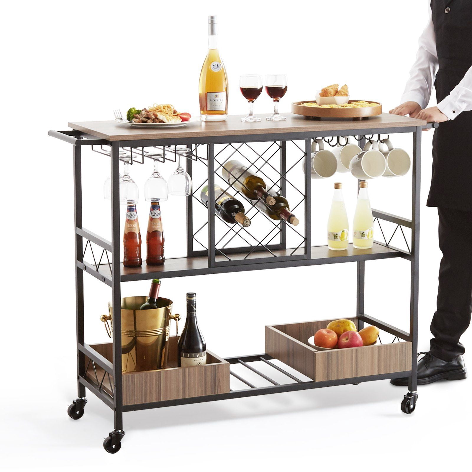 3-Tier Serving Cart with Built-in Wine Grid and Stemware Holder, Heavy ...