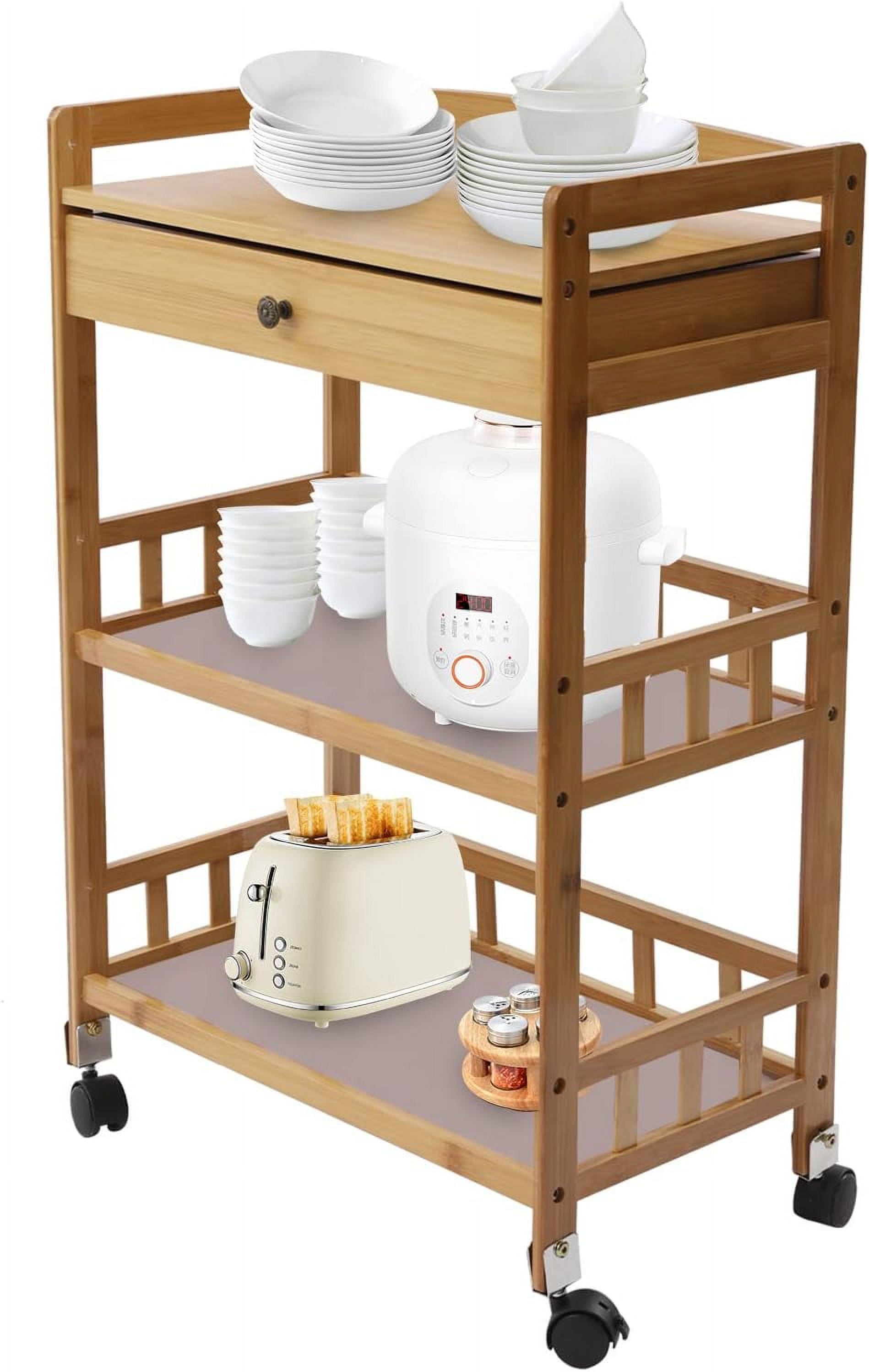 3-Tier Serving Cart with Drawer, Bamboo Kitchen Storage Rack, Bar Cart ...
