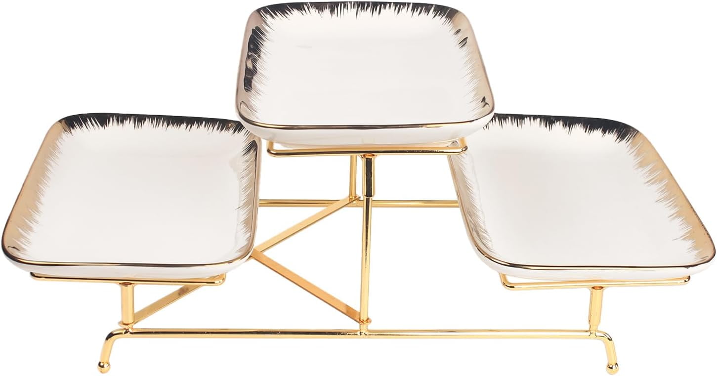 3-Tier Serving Rack with Ceramic Serving Tray, Foldable Gold Stand with ...