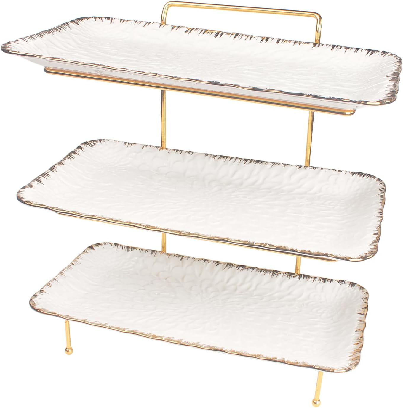 3-Tier Serving Rack with Ceramic Serving Tray, Foldable Gold Stand with ...