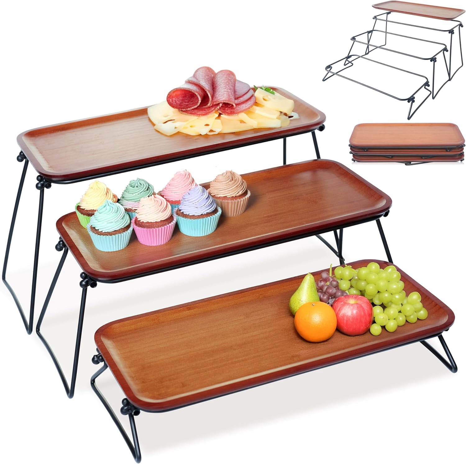 3 Tier Serving Tray, Dark Bamboo Tiered Tray Stand, Cake Stand ...