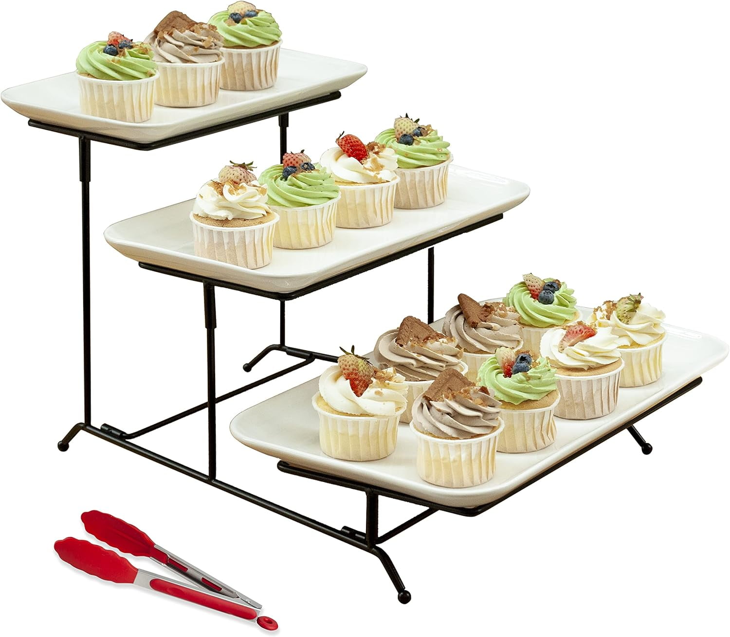 3 Tier Serving Tray with Serving Tong, Ceramic Rectangular Serving ...
