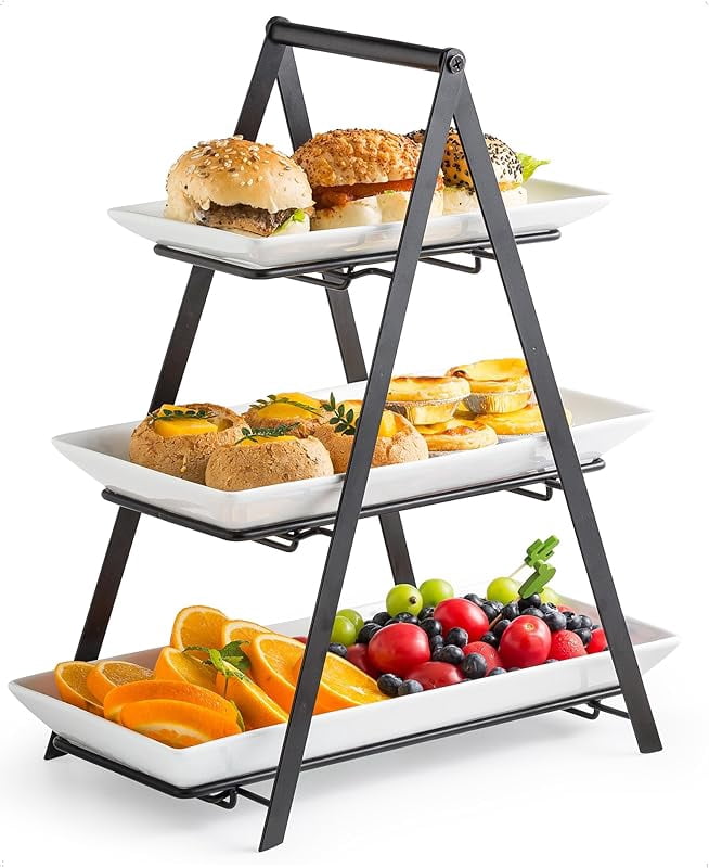 3 Tier Serving Tray Stand With Ceramic Platters, 10+12+14 Inch Large ...