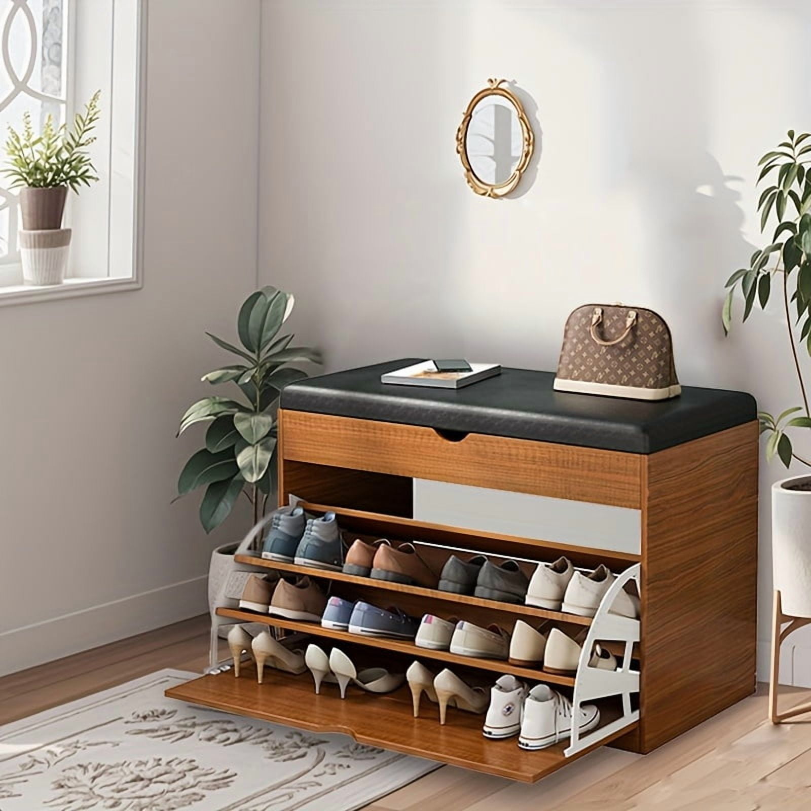 3-Tier Shoe Bench with Cushioned Seat - 3 Flip-Up Drawers, Entryway ...