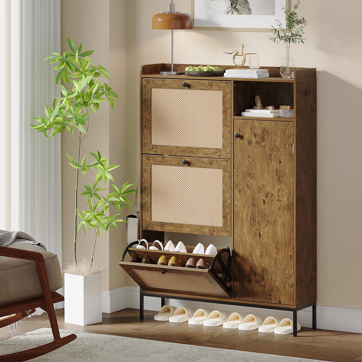 3 Tier Shoe Cabinet with Natural Rattan Flip Drawers for Entryway, Free ...
