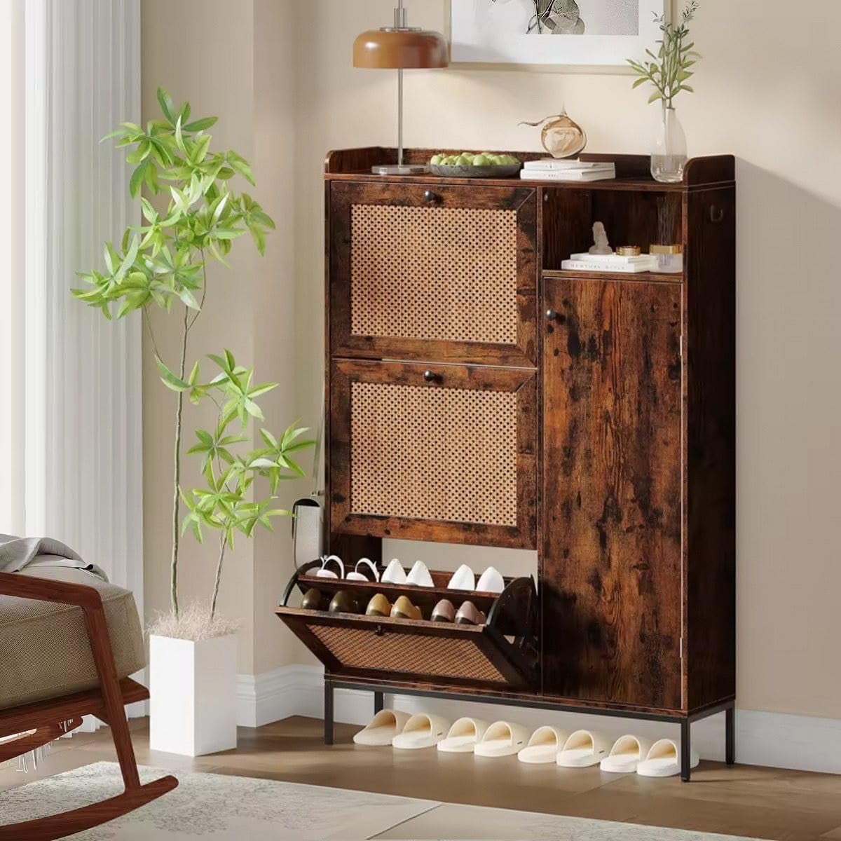 3 Tier Shoe Cabinet with Natural Rattan Flip Drawers for Entryway, Free ...
