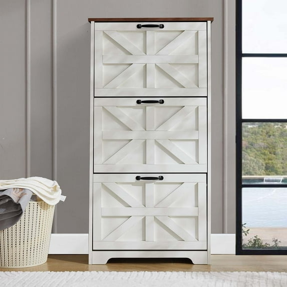 3-Tier Shoe Cabinet in Washed White – Farmhouse Flip-Up Entryway ...