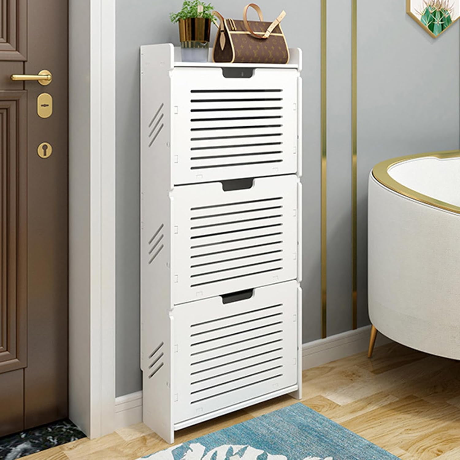 3 Tier Shoe Cabinet with Flip Drawers,Narrow Slim Shoe Storage Cabinet ...