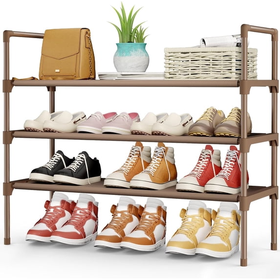 3-Tier Shoe Rack, 27.6" Wide Brown Shoe Organizer with Side Handles ...
