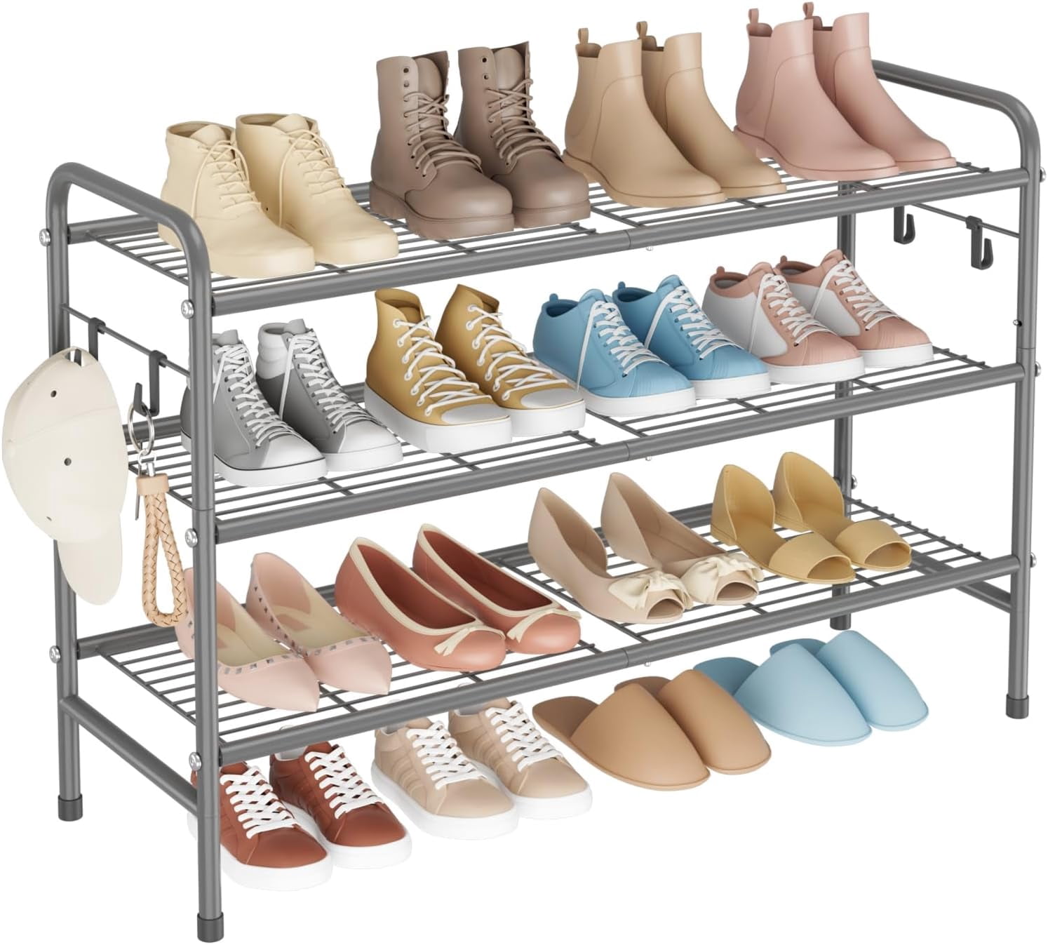 3 Tier Shoe Rack 33" Wide Metal Shoe Organizer Long Shoe Storage with 4 ...