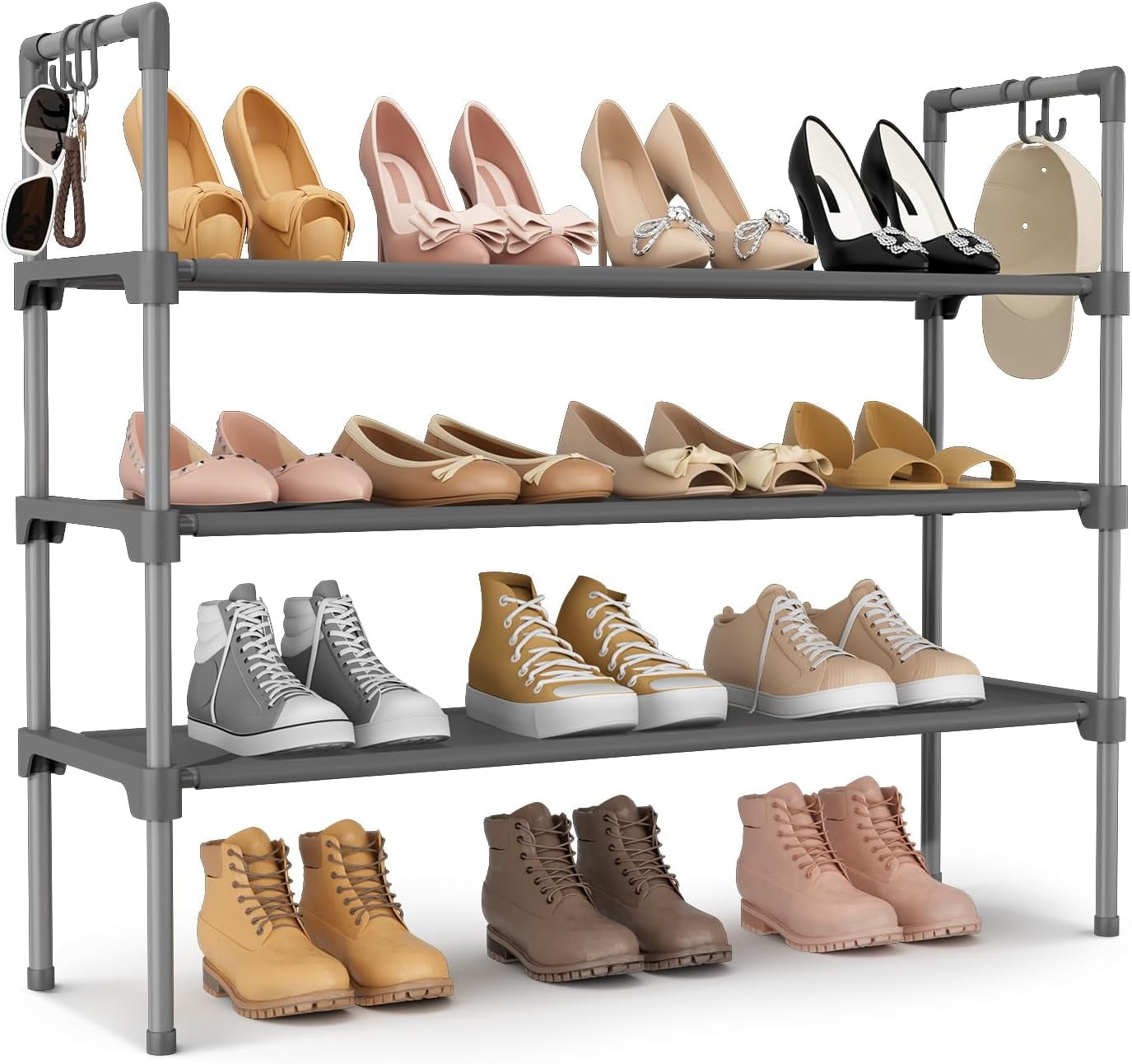 3-Tier Shoe Rack for Closets, Shoe Organizer with 5 Hooks, Long Shoe ...