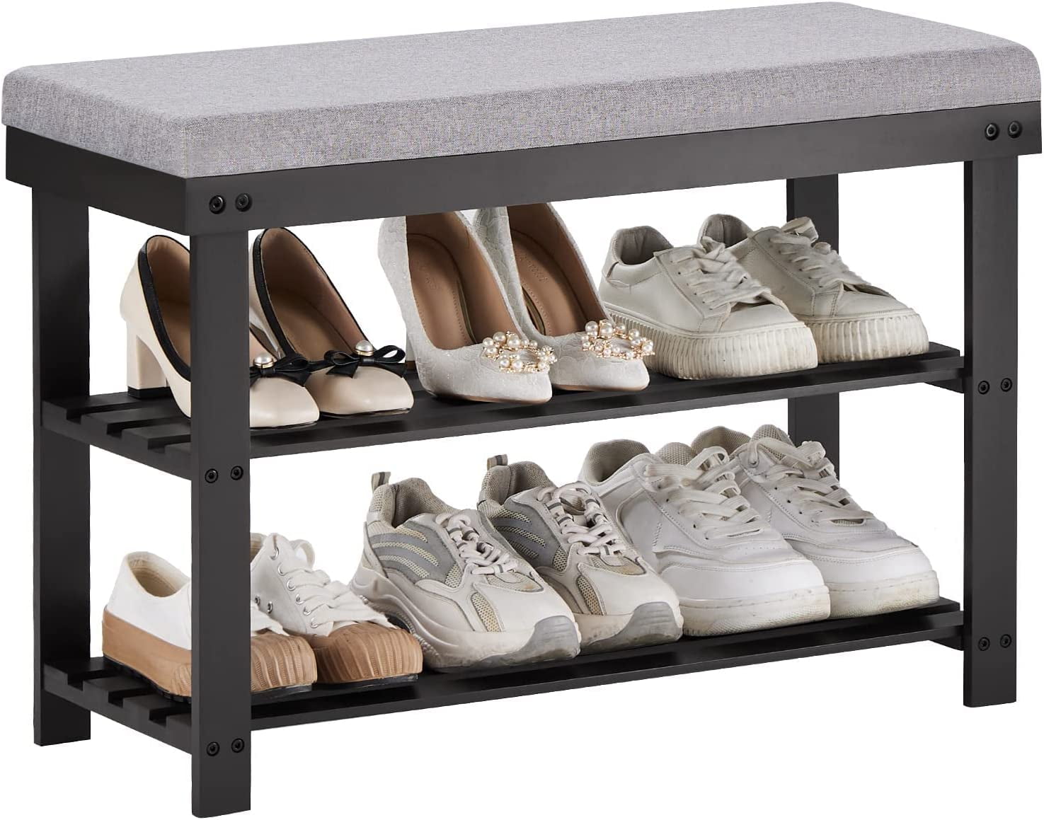 3-Tier Shoe Rack for Entryway, Bamboo Shoe Bench with Cushion Padded ...