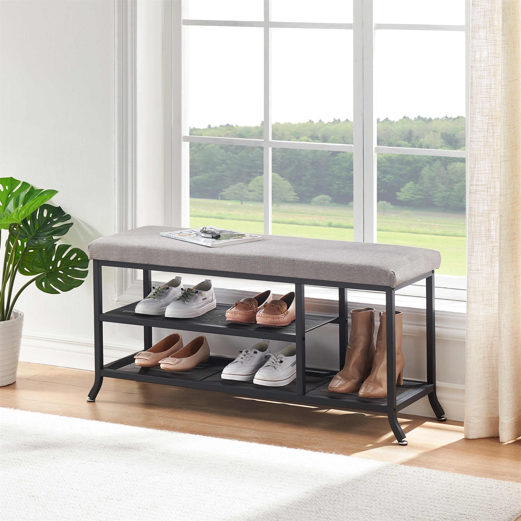 3-Tier Shoe Rack for Entryway, Shoe Bench with Foam Padded Seat, Metal ...
