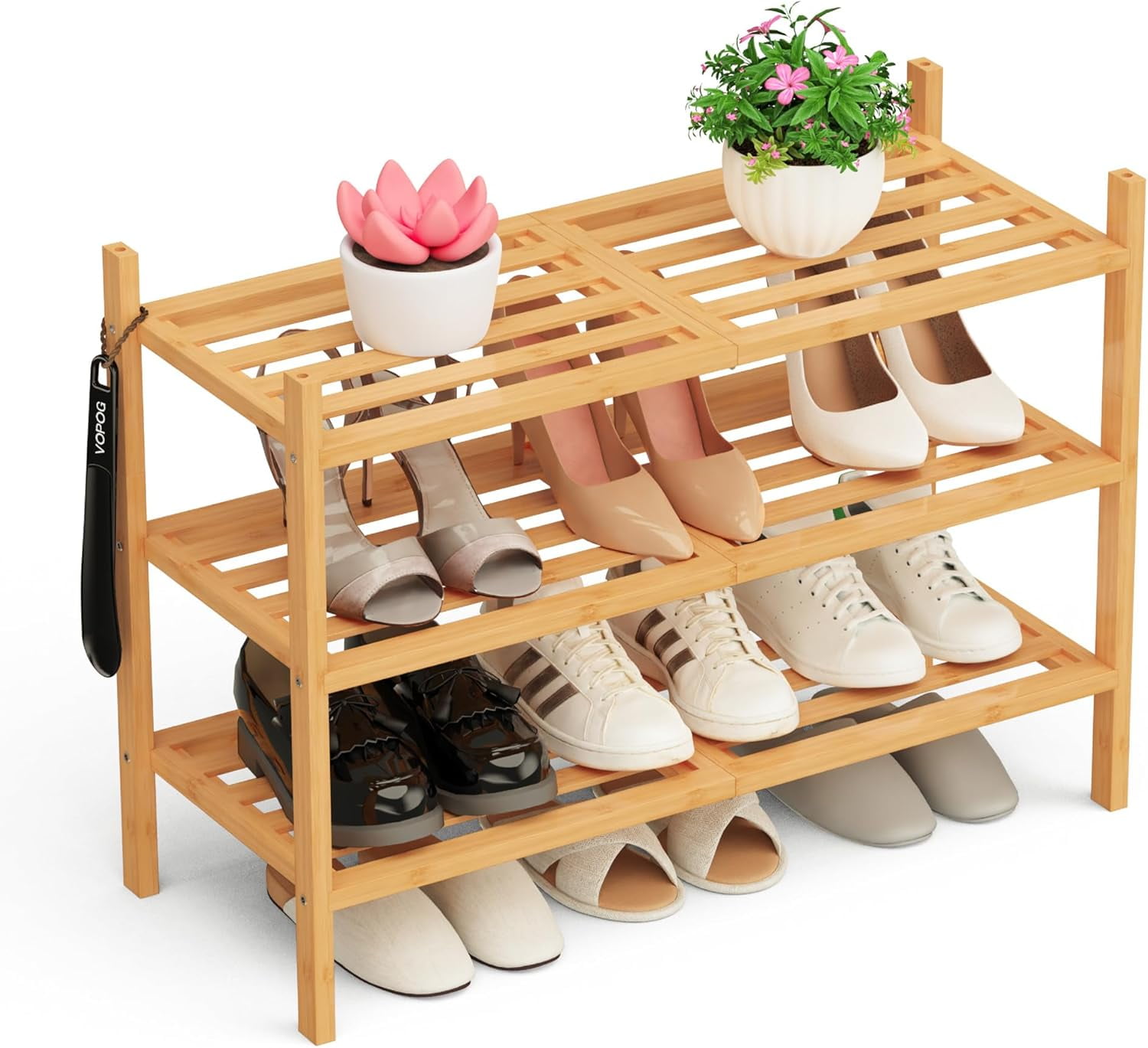 3 Tier Shoe Rack for Front Door Entrance with Shoe Horn, Stackable ...