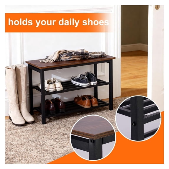 3-Tier Shoe Rack , Rustic Brown Industrial Entryway Storage Organizer ...