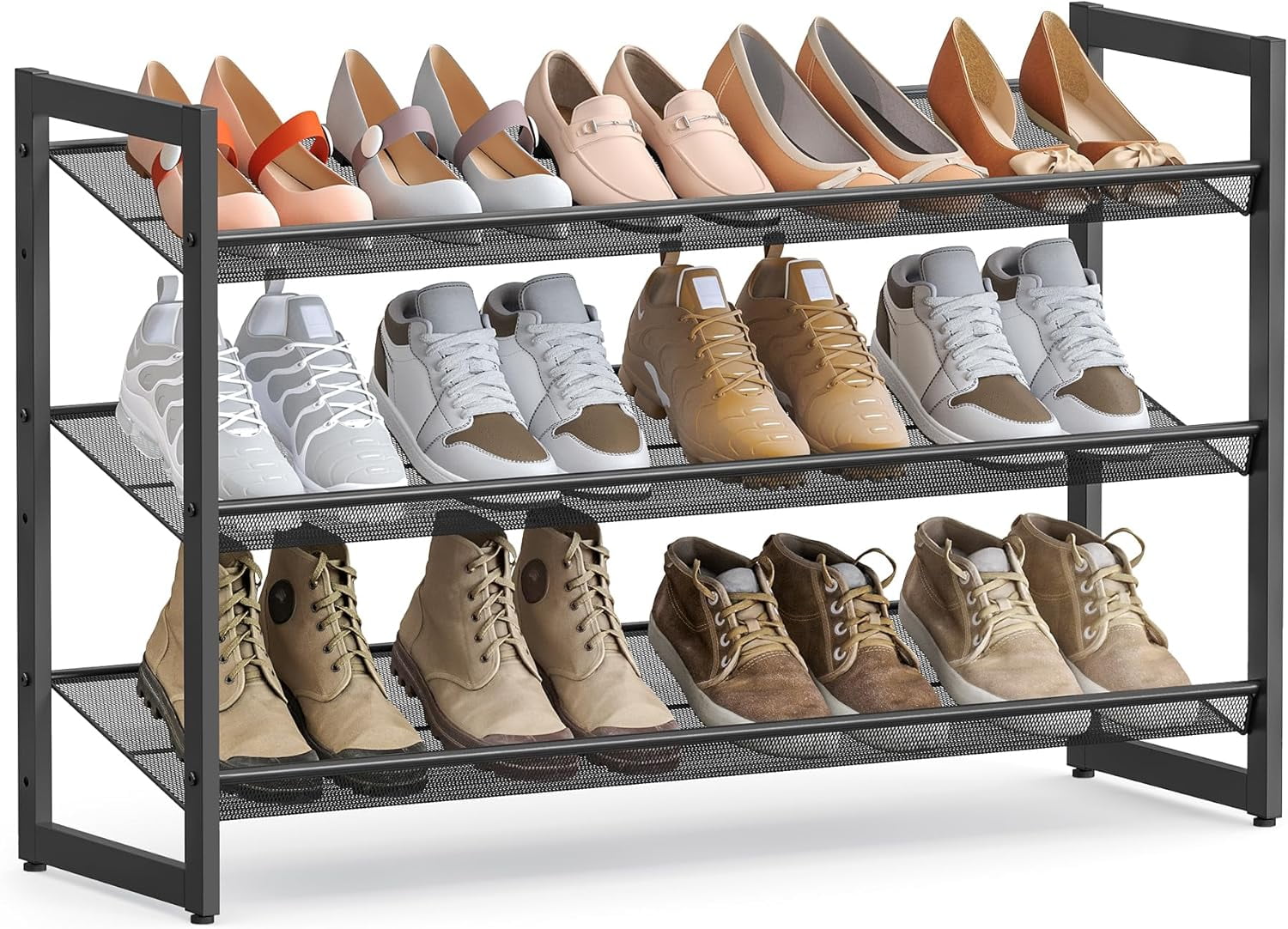 3-Tier Shoe Rack Storage, Adjustable Metal Mesh Shoe Organizer Stand ...