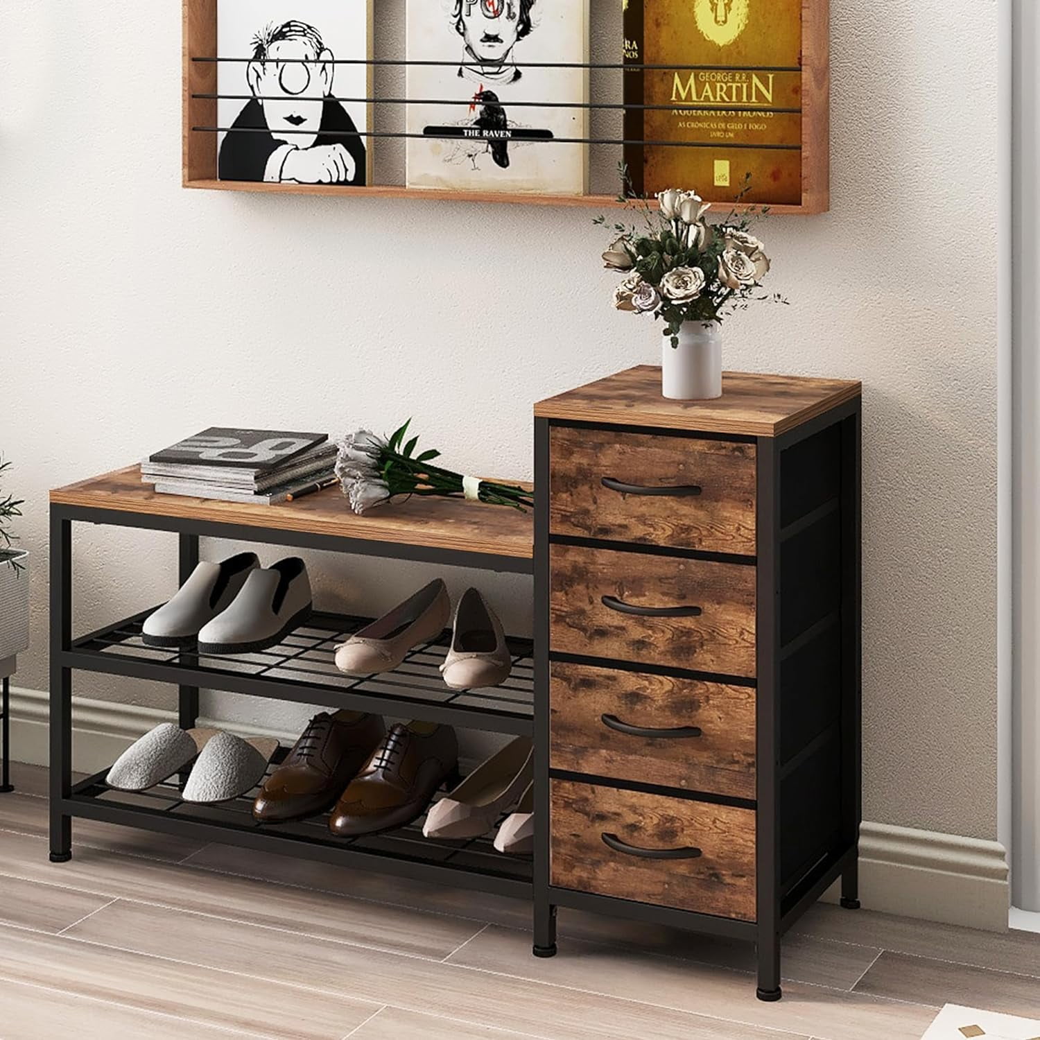 3-Tier Shoe Storage Bench Industrial Entryway Shoe Rack with 4 Drawers ...